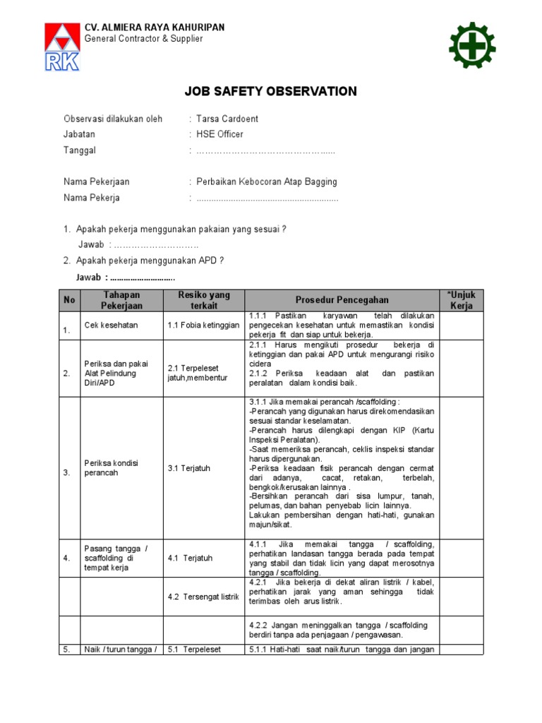JOB SAFETY OBSERVATION - Ark | PDF