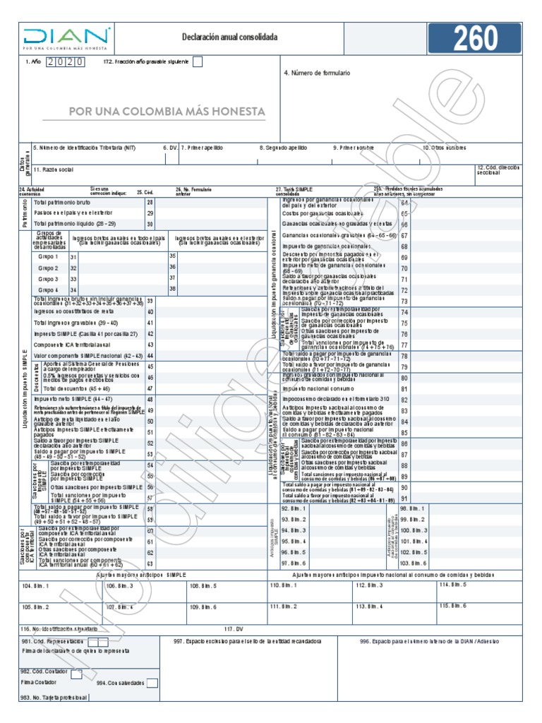 Formulario 260 Año Gravable 2020 Régimen Simple Anual Print | PDF ...