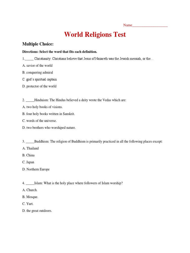 World Religions Test: Multiple Choice | PDF | Jesus | Muhammad