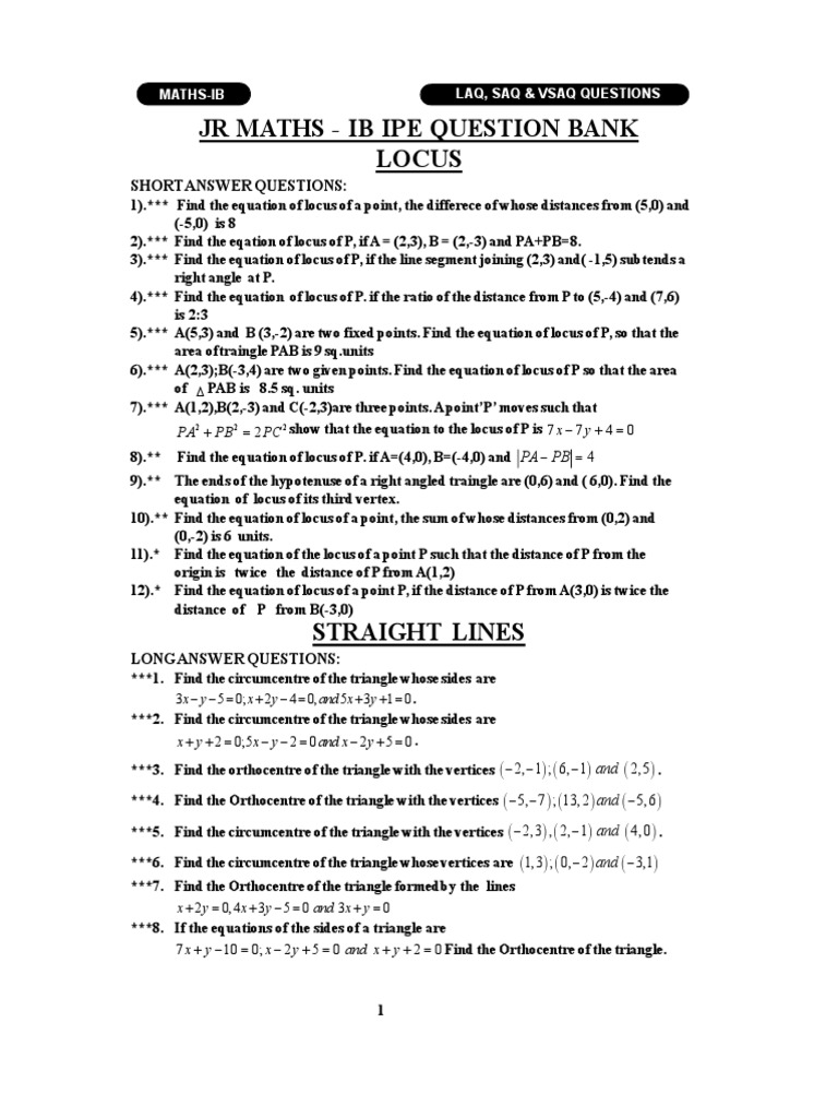 JR Maths - Ib Ipe Question Bank Locus: Short Answer Questions | PDF | Line (Geometry) | Triangle