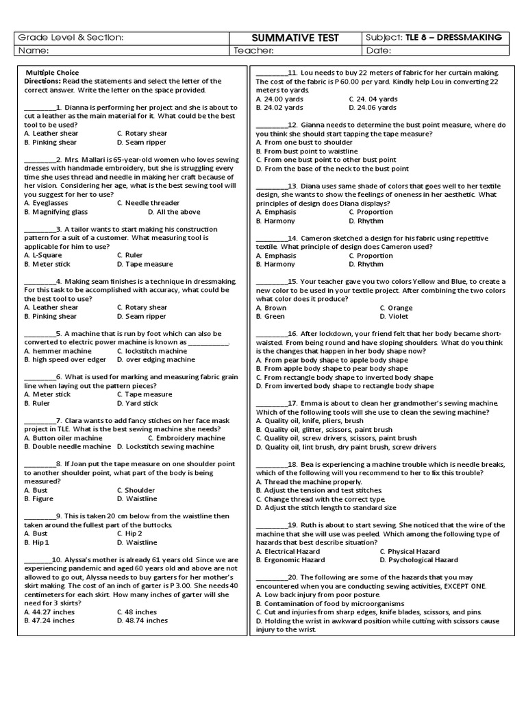 Summative Test in Dressmakingnew | PDF | Sewing | Seam (Sewing)