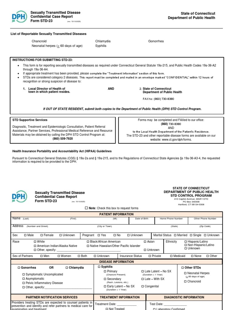 Sexually Transmitted Disease Confidential Case Report Form STD-23 State ...