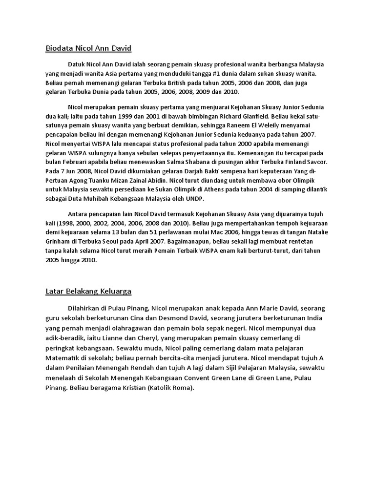 Biodata Nicol Ann David | PDF