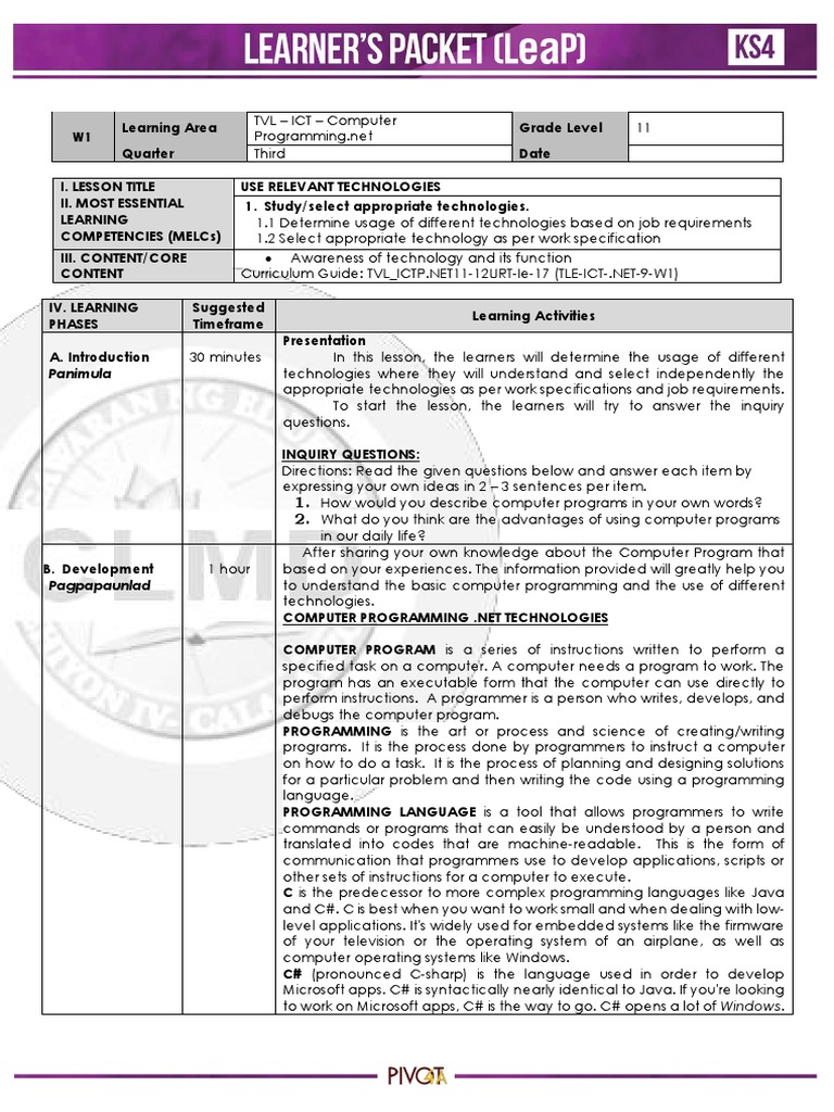 Tle Computer Programming Net 11 Week1 Pdf Computer Programming Programming Language 