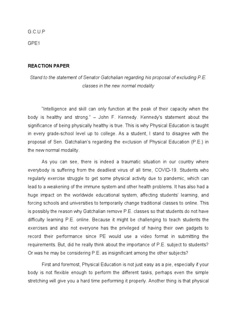 Reaction Paper | PDF | Physical Education | Cognition