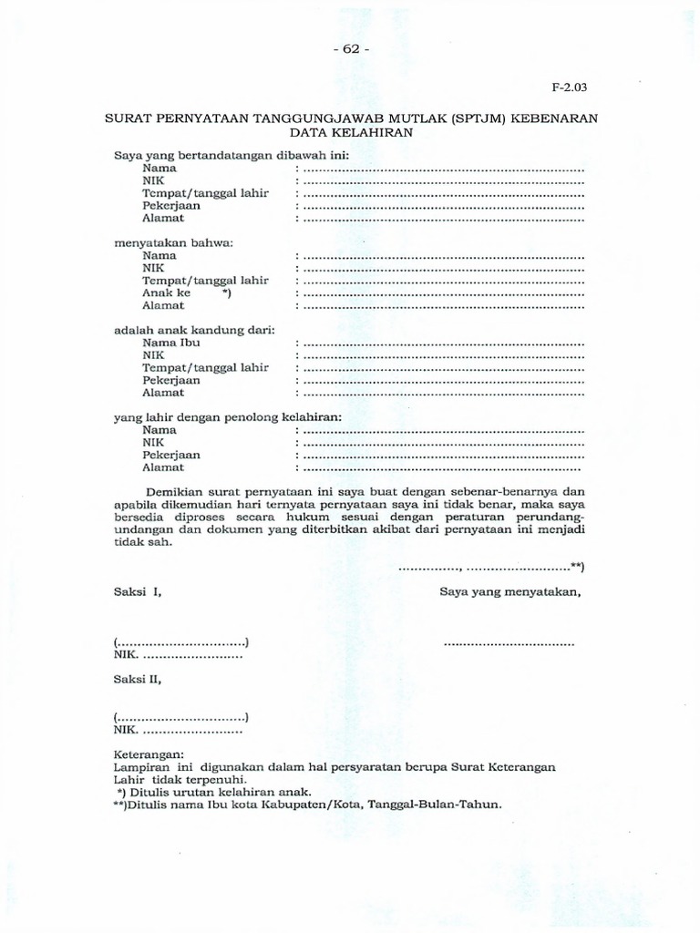 F2 03 Formulir SPTJM Kebenaran Data Kelahiran | PDF