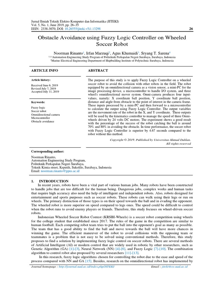 Obstacle Avoidance Using Fuzzy Logic Controller On Wheeled Soccer Robot Pdf Fuzzy Logic 5853