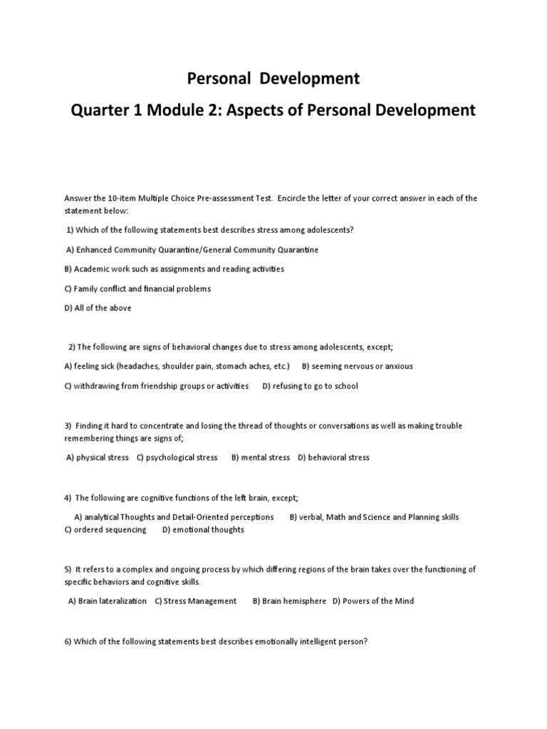 Personal Development Quarter 1 Module 2 Answer Sheet | PDF | Handedness ...