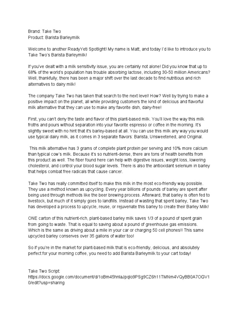 Take Two Script | PDF | Milk | Food And Drink