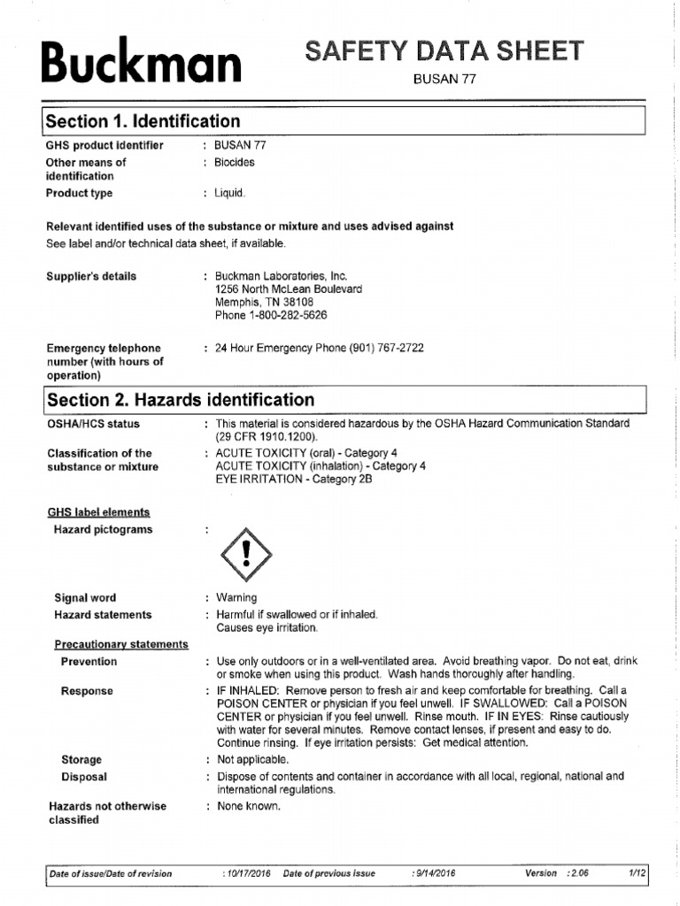 Buckman Laboratories, Inc - Busan 77 (Biocide) | PDF