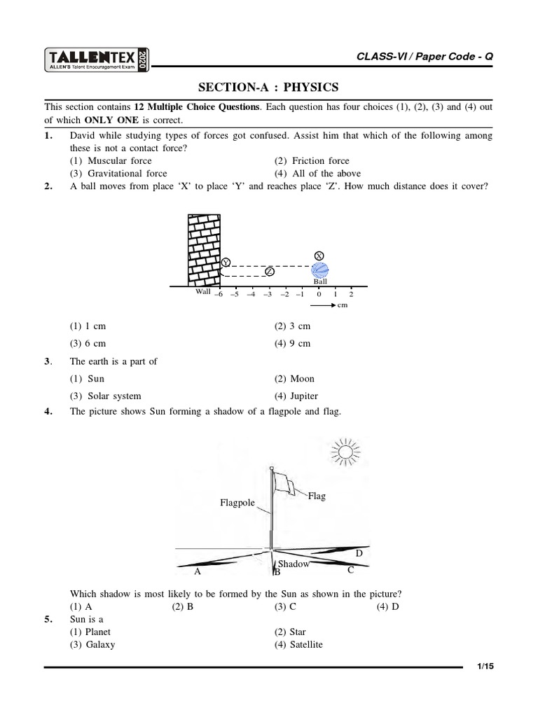 Section-A: Physics: CLASS-VI / Paper Code - Q | Download Free PDF ...