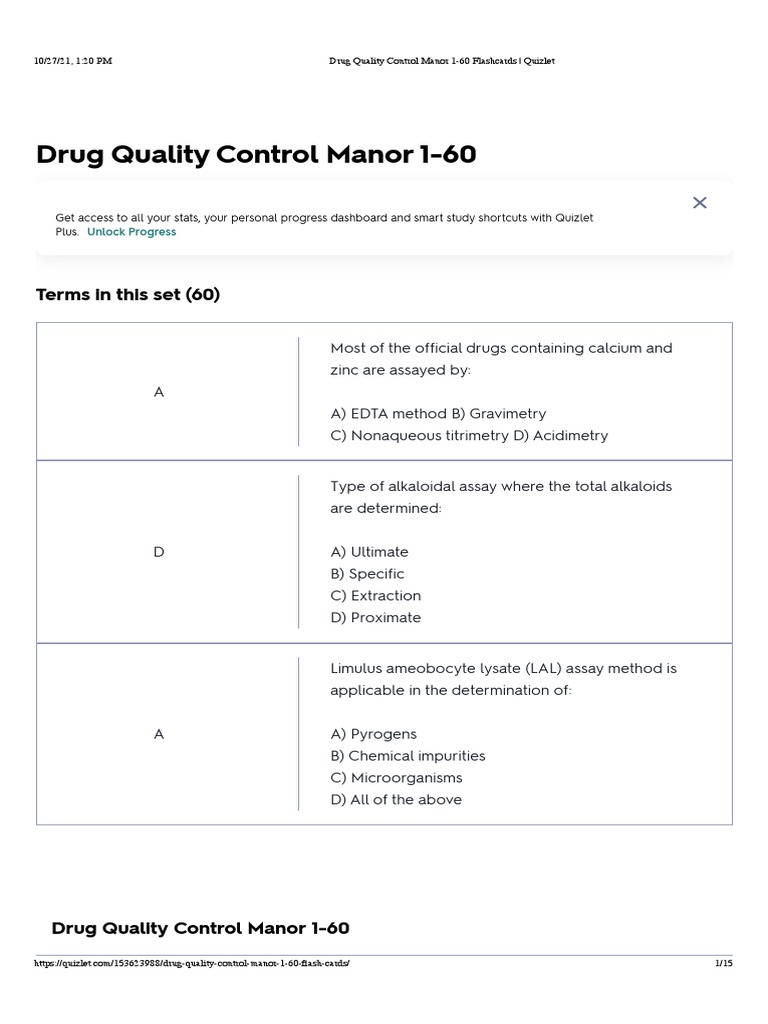 Drug Quality Control Manor 1-60 Flashcards - Quizlet | PDF | Chemistry ...