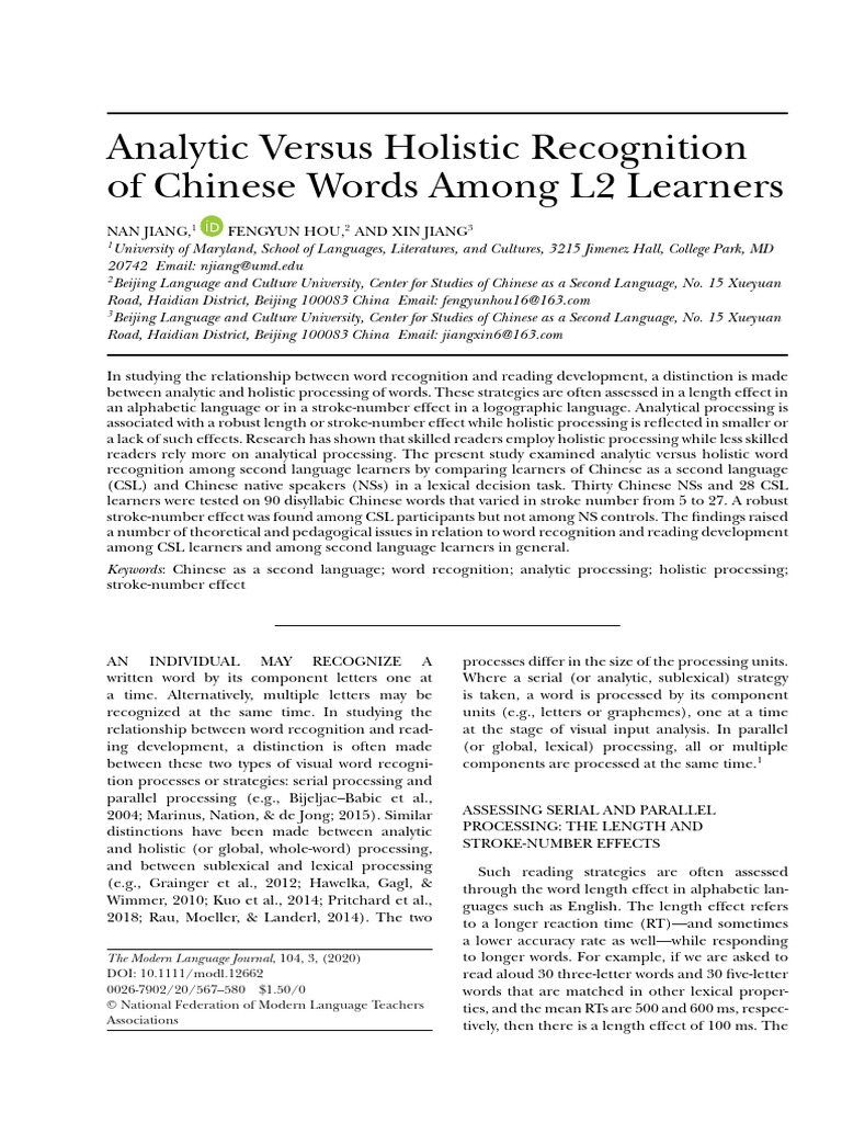 Analytic Versus Holistic Recognition of Chinese Words Among L2 Learners ...