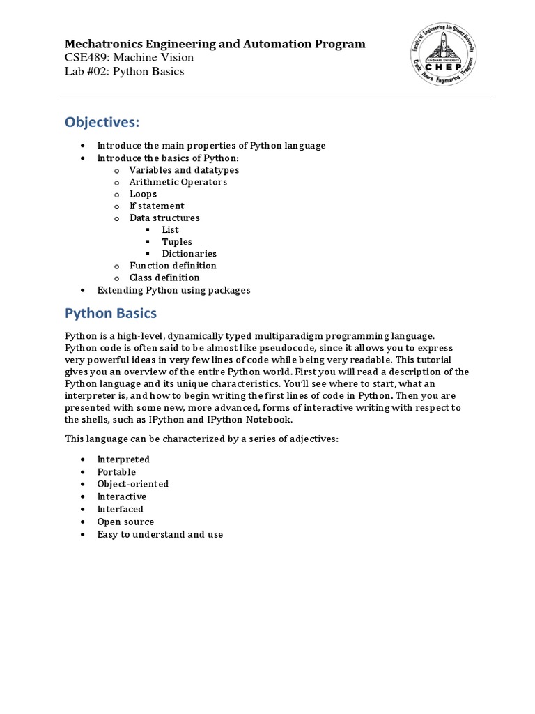 Objectives:: CSE489: Machine Vision Lab #02: Python Basics | Descargar gratis PDF | Python ...