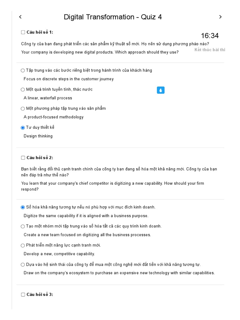 Digital Transformation - Quiz 4 16:34: Câu hỏi số 1 | PDF