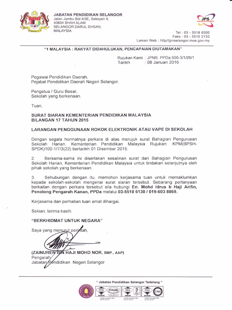 Surat Siaran Larangan Rokok - Vape Di Sekolah | PDF Surat Siaran Larangan Rokok - Vape Di Sekolah | PDF