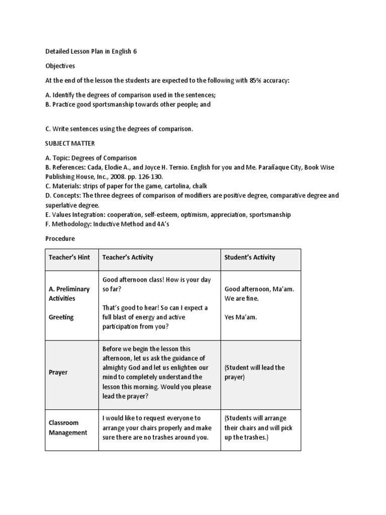 Detailed Lesson Plan in English 6 | PDF | Adjective | Lesson Plan
