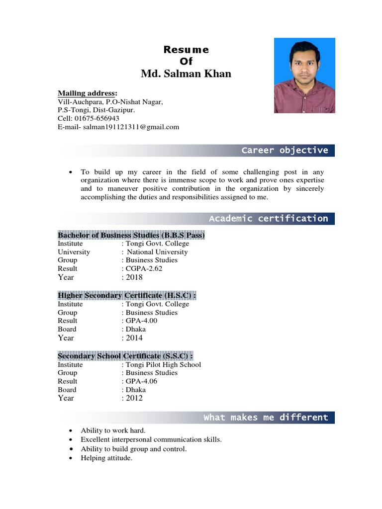 Resume of Salman Khan | PDF | Communication