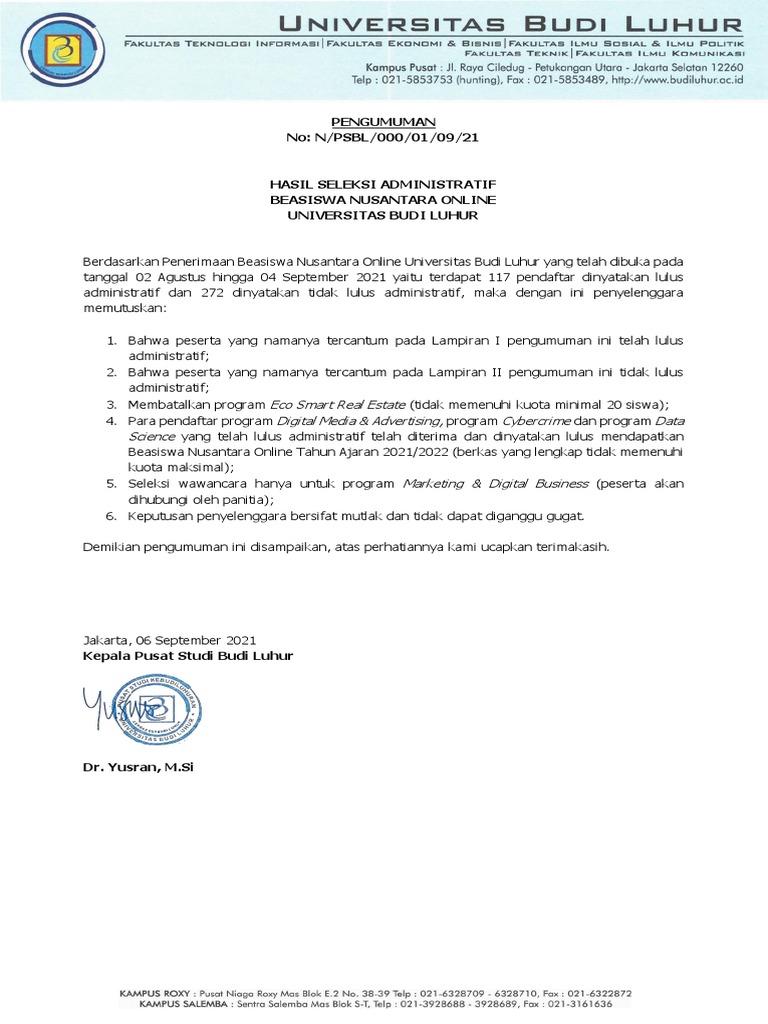 Surat Pengumuman Lolos Administrasi | PDF