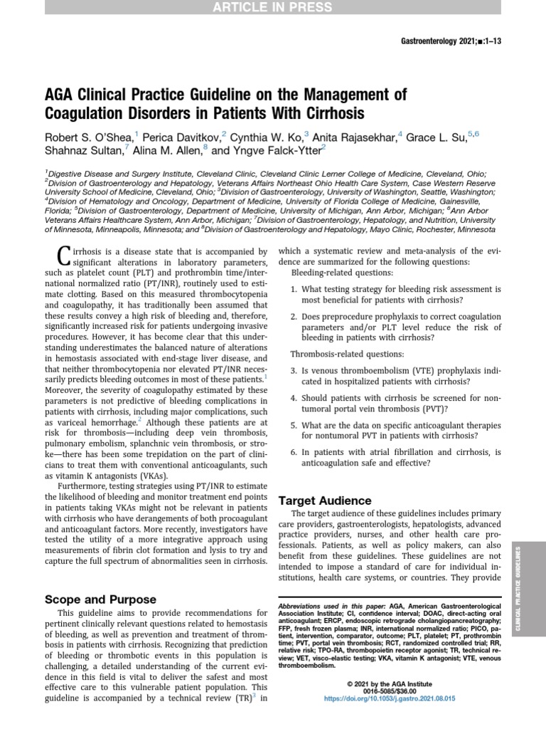 AGA Clinical Practice Guideline On The Management of Coagulation ...