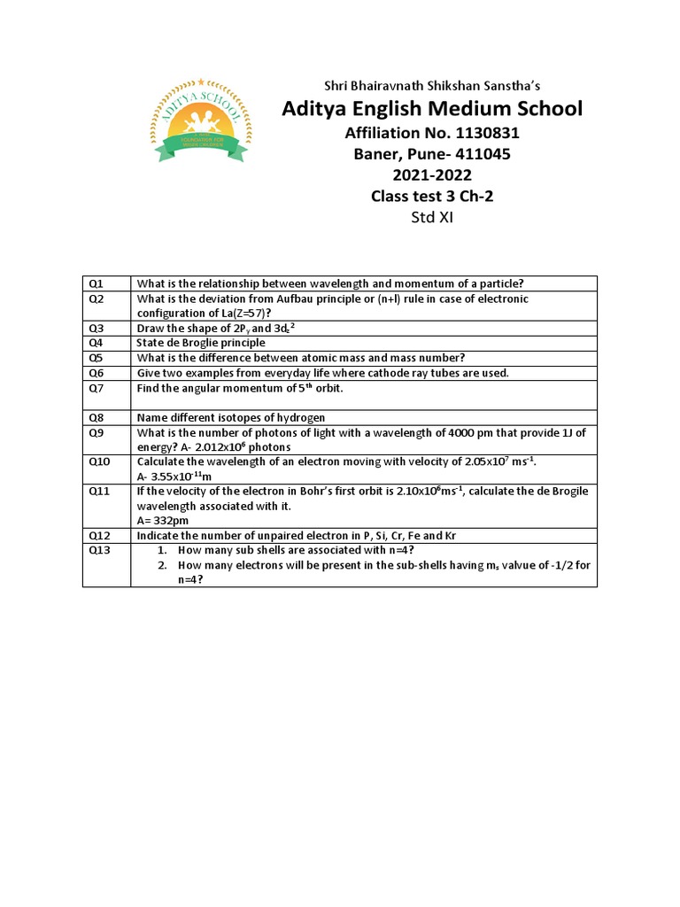 Class Test 3, Ch-2, STD XI | PDF | Teaching Methods & Materials