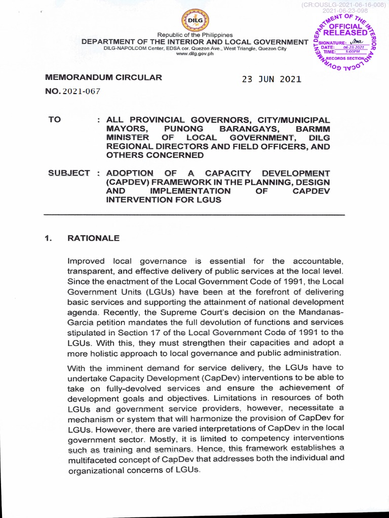 DILG MC 2021-067 LGU Capacity Development Framework | PDF