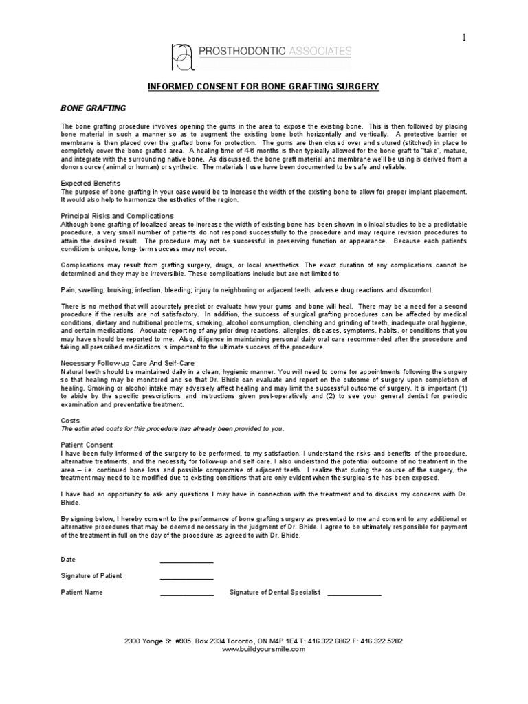 Informed Consent For Bone Grafting Surgery | PDF | Surgery | Medical ...