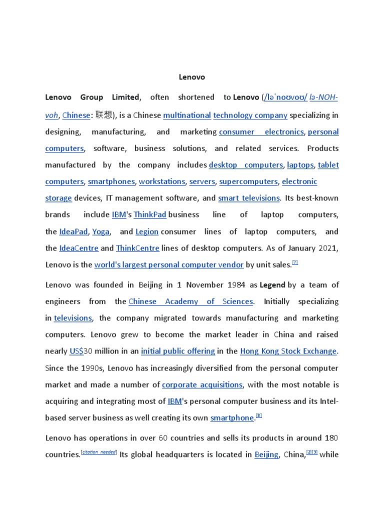 Lenovo Lenovo Group Limited, Often Shortened To Lenovo ( | PDF