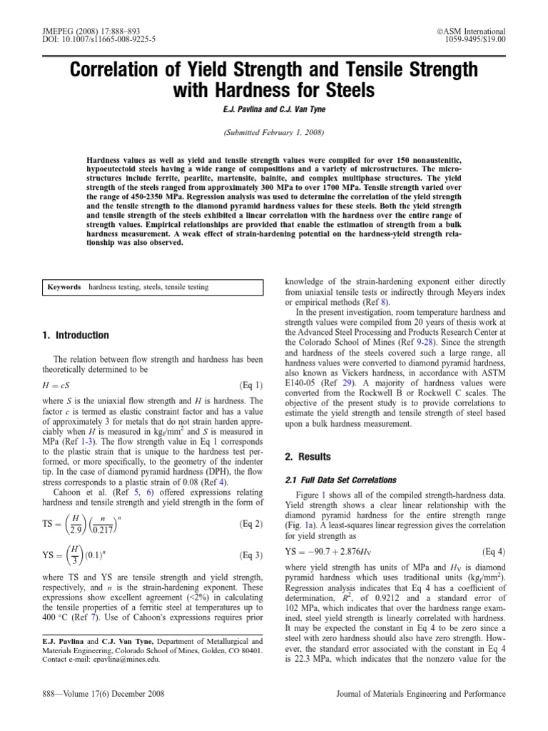 Correlation of Yield Strength and Tensile Strength With Hardness For Steels | PDF | Ultimate ...