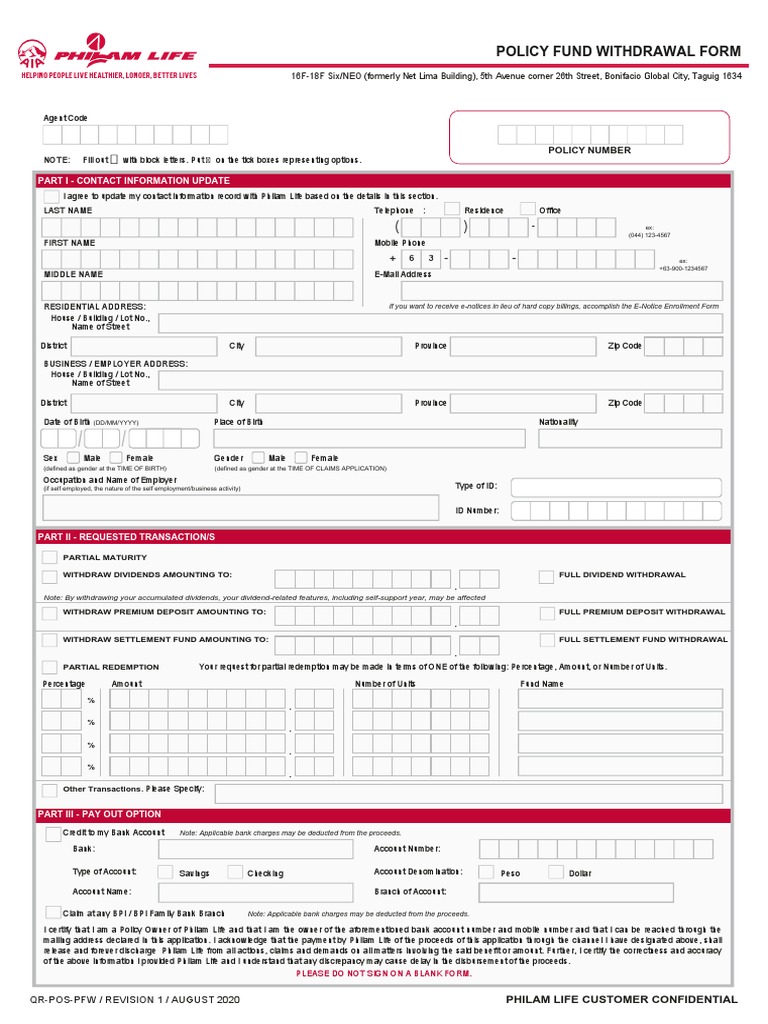 Policy Fund Withdrawal Form: Part I - Contact Information Update | PDF ...