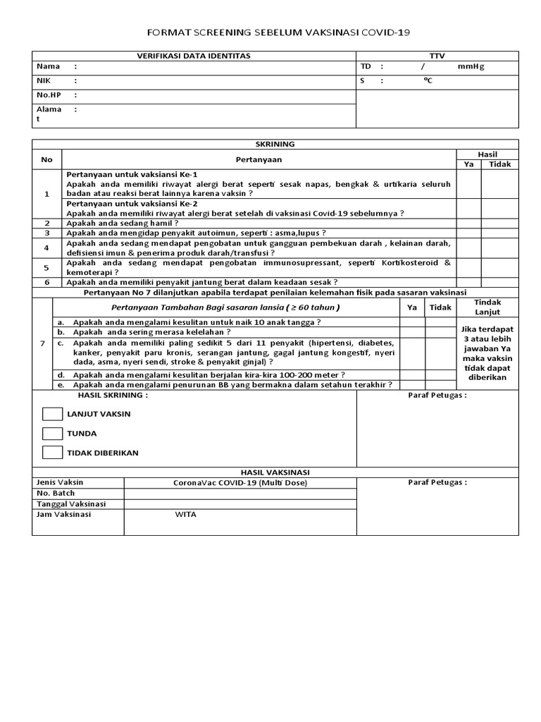 Format Screening Vaksinasi Covid 19 | PDF