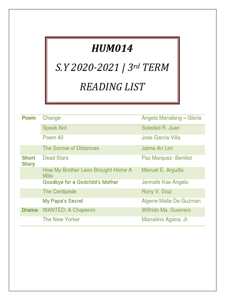 S.Y 2020-2021 - 3 Term Reading List | PDF | Poetry