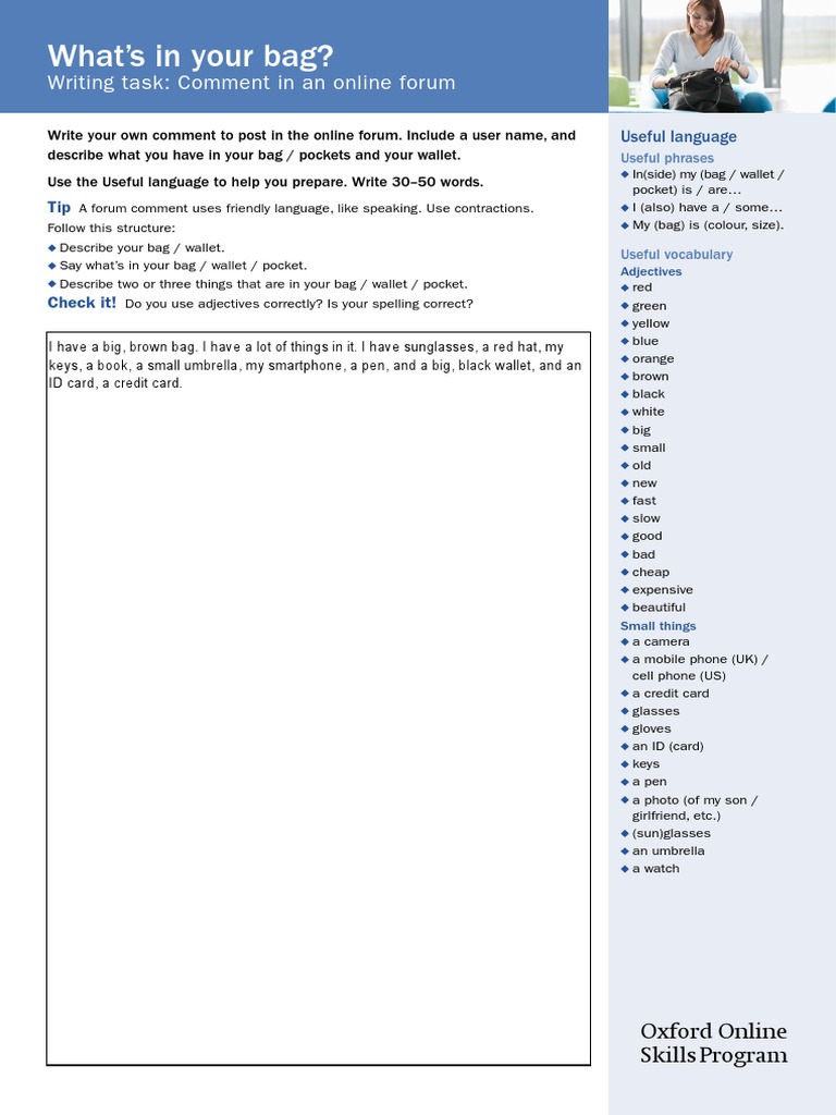 What's in Your Bag?: Writing Task: Comment in An Online Forum | PDF