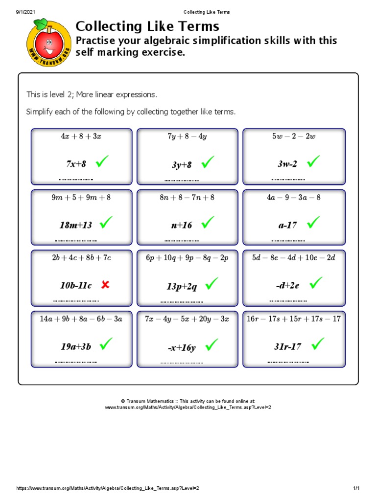 Collecting Like Terms Level 2 | PDF
