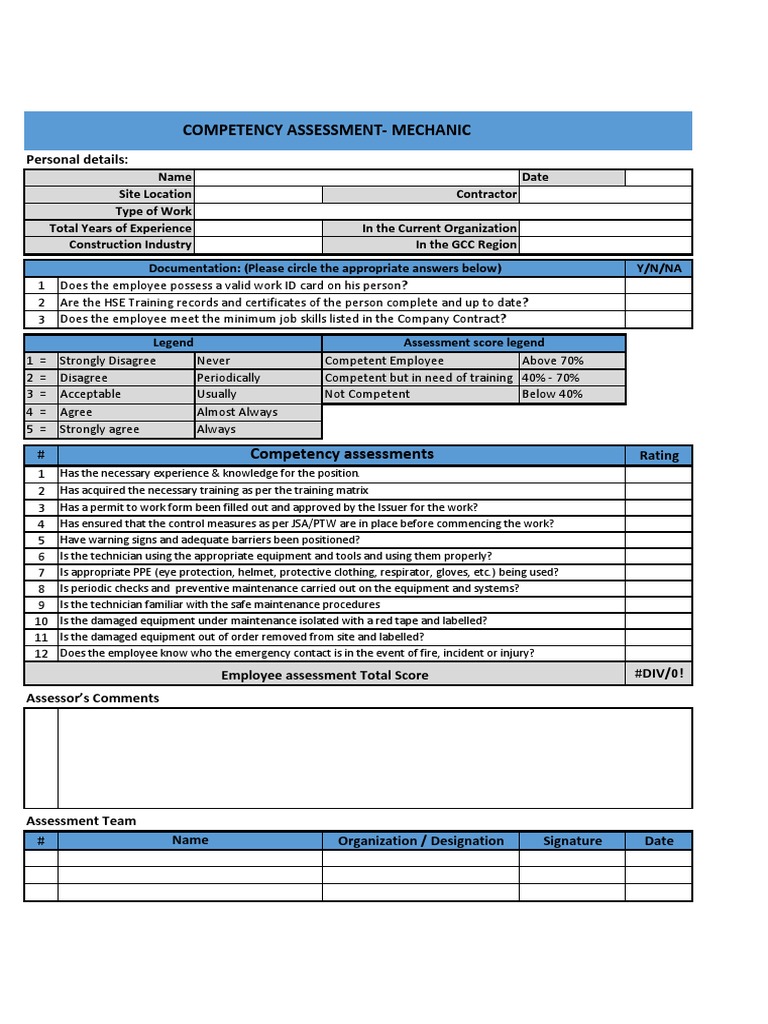 Mechanic Competency Assessment Form | PDF | Personal Protective ...