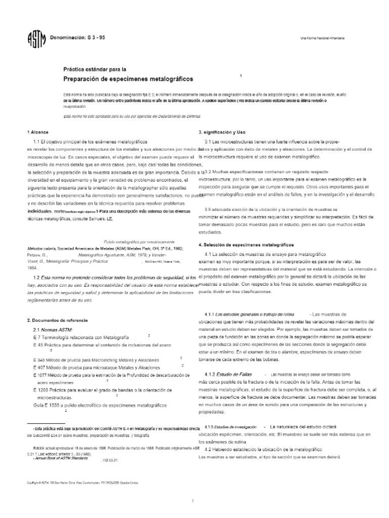 ASTM E3-95 Preparation of Metallographic Specimens | PDF