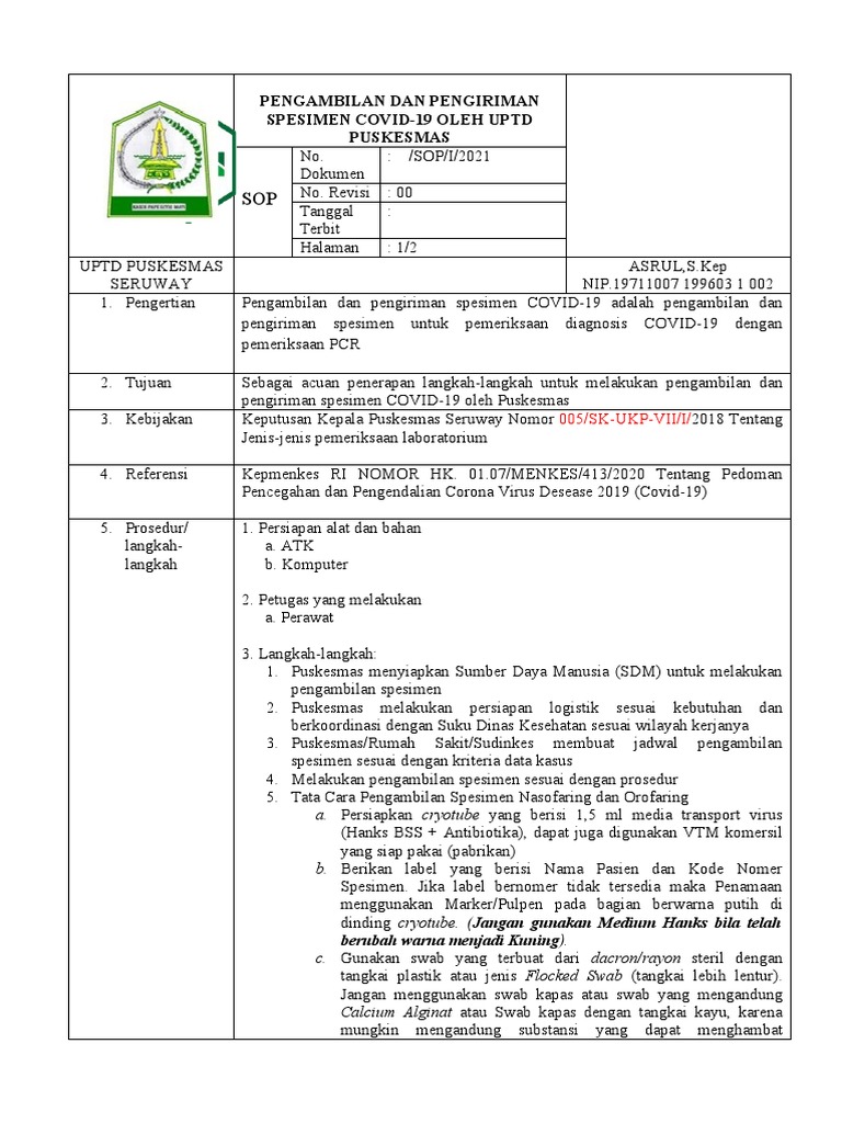 SOP Pengambilan Spesimen | PDF