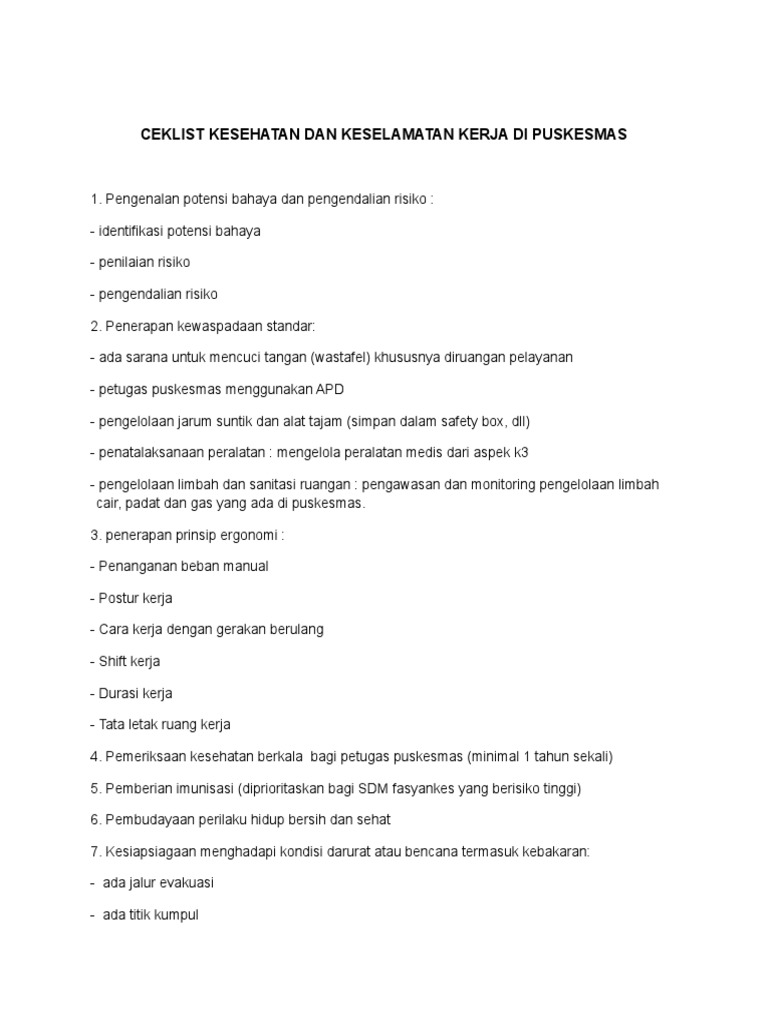 Ceklist k3 Puskesmas | PDF