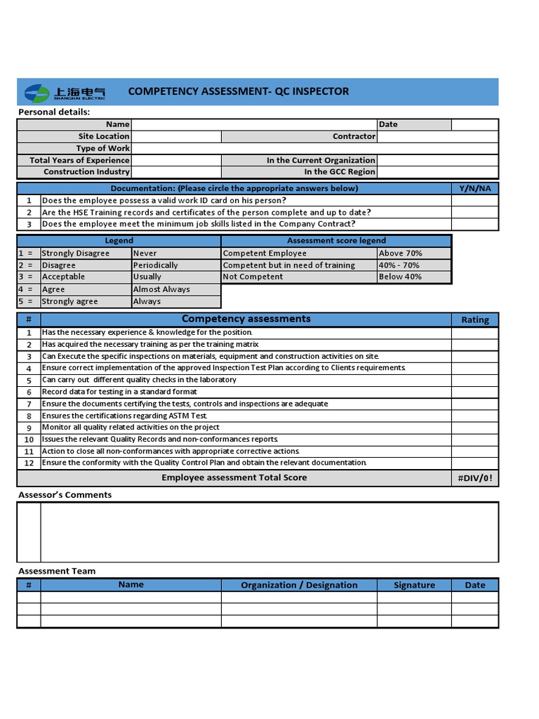 QC Inspector Competency Assessment Form | PDF | Certification | Evaluation