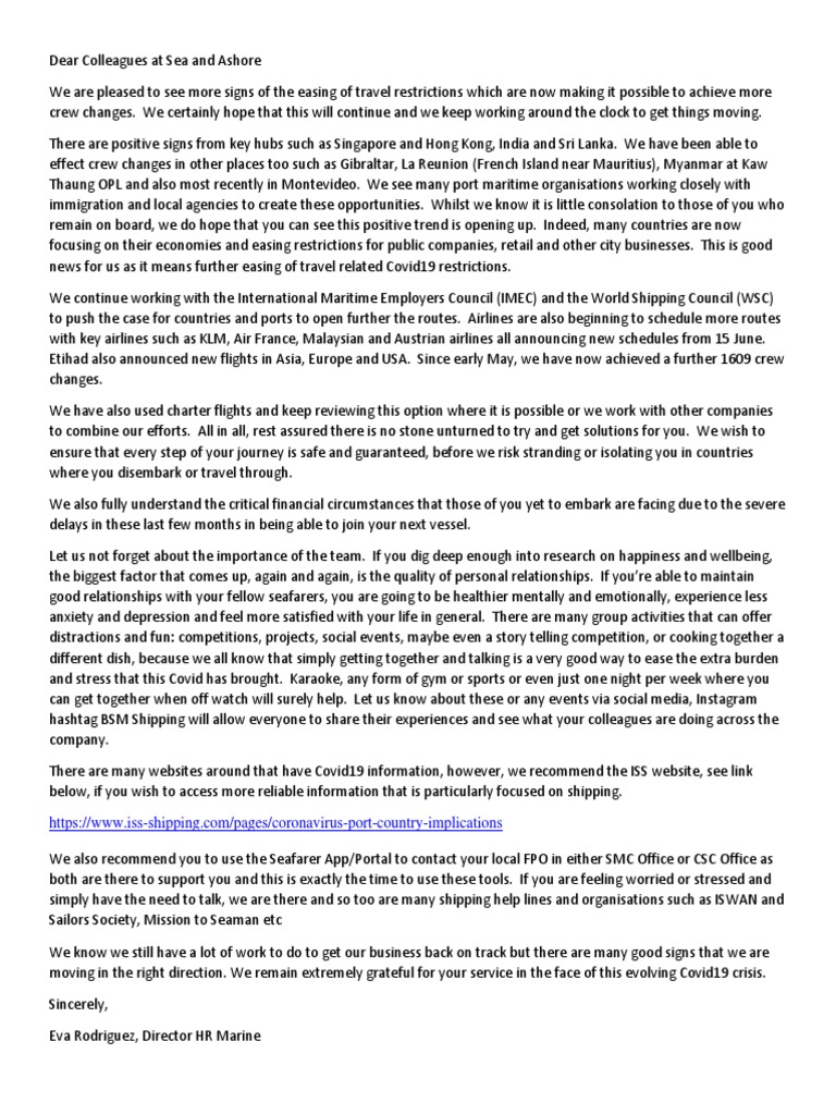 Letter To Seafarers 16062020 Rev 1.1 | PDF | Travel Visa | Quarantine