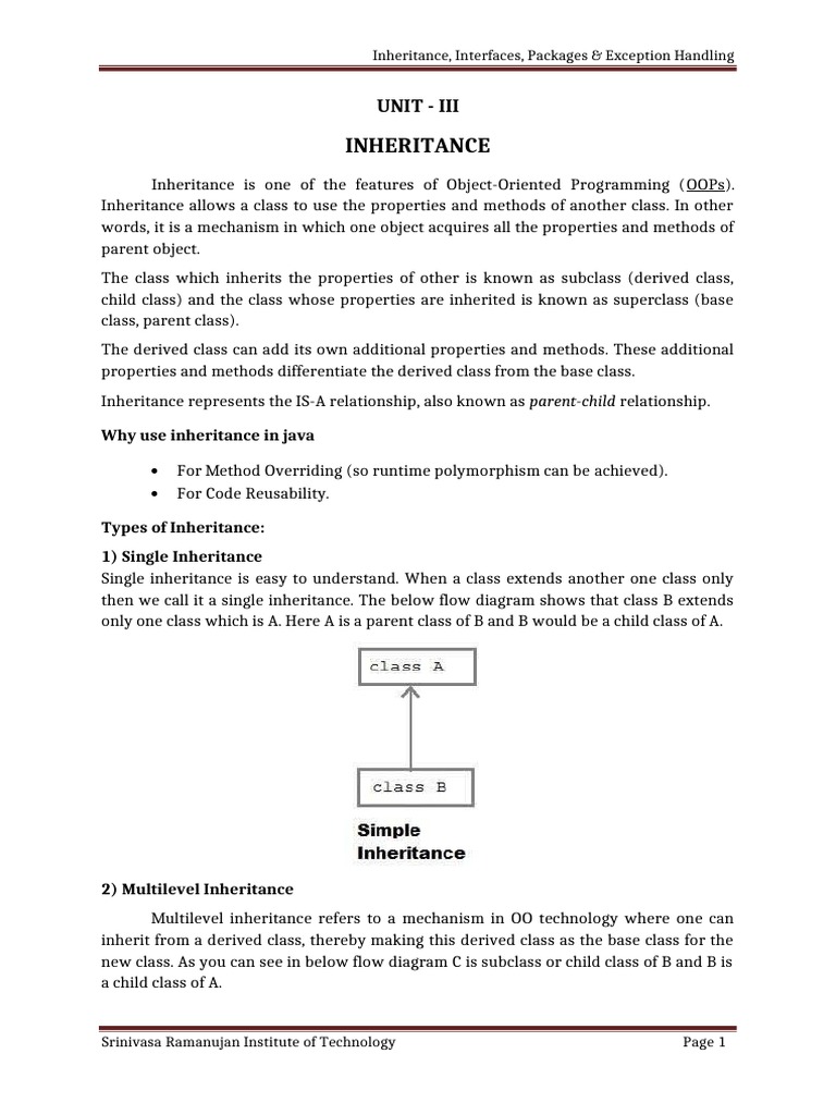 Unit Iii Inheritance Interfaces Packages And Exception Handling Pdf Inheritance Object