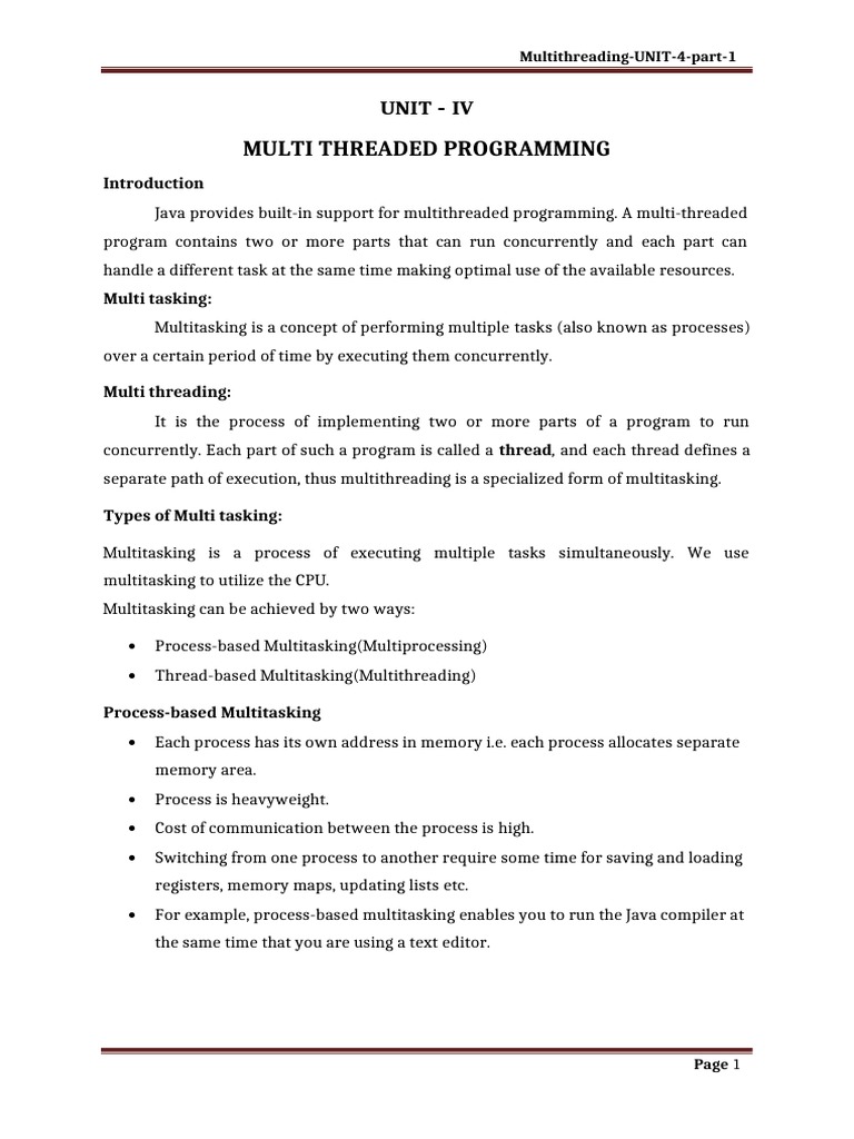Multi Threaded Programming: Unit - Iv | PDF | Process (Computing) | Computer Architecture