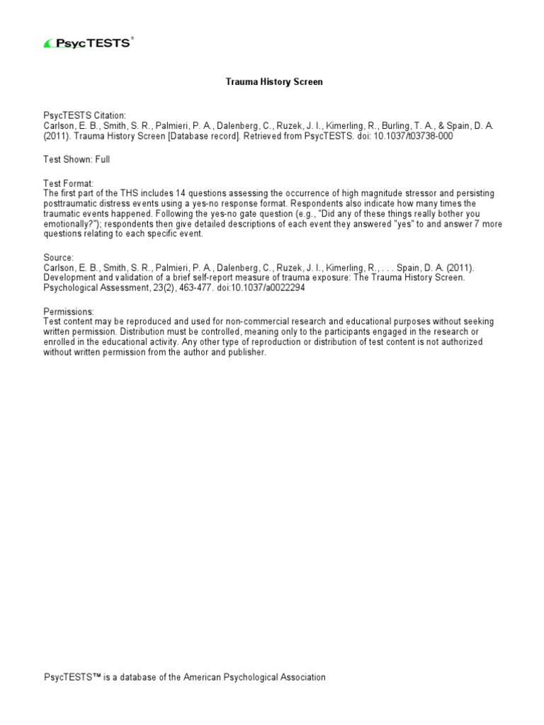 Trauma History Screen (THS) | Download Free PDF | Psychological Trauma ...