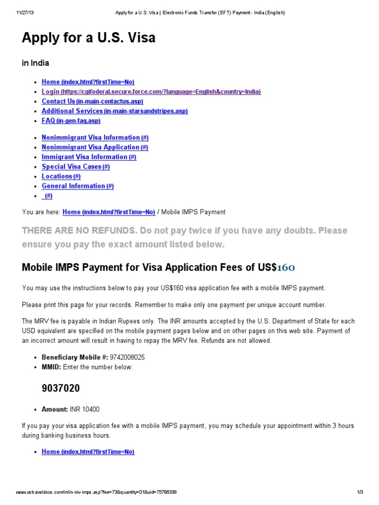 US Visa Fee Payable Through Mobile IMPS Payment | PDF | Consul ...