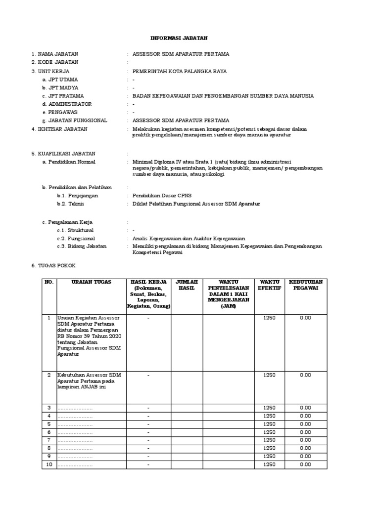 Contoh Form Anjab Dan Abk Jafung (Assessor SDM Aparatur Pertama) | PDF