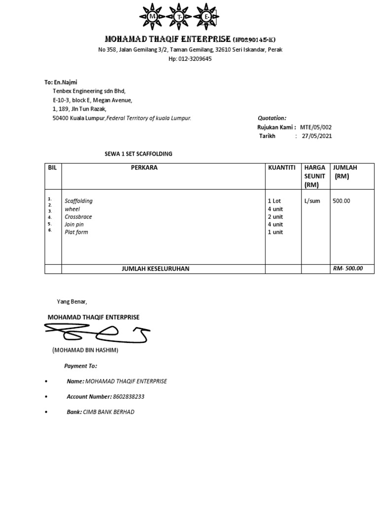 Mohamad Thaqif Enterprise: Bil Perkara Kuantiti Harga Seunit (RM ...