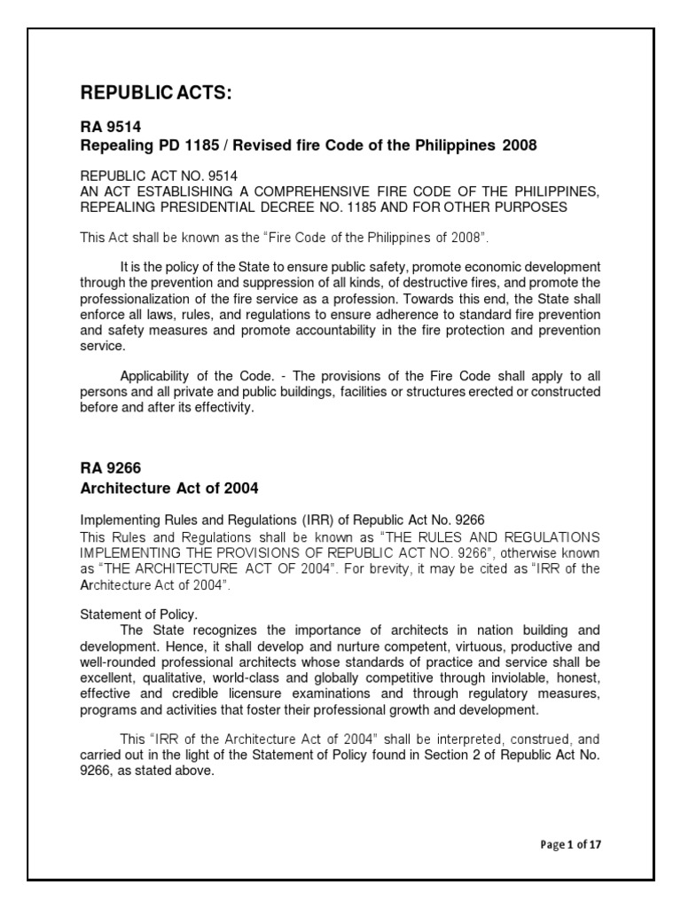 Republic Acts:: RA 9514 Repealing PD 1185 / Revised Fire Code of The ...