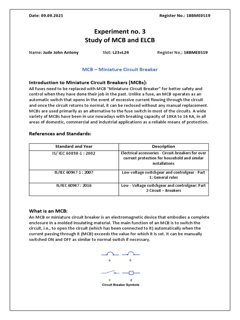 Experiment No. 3 Study of MCB and Elcb: Introduction To Miniature ...