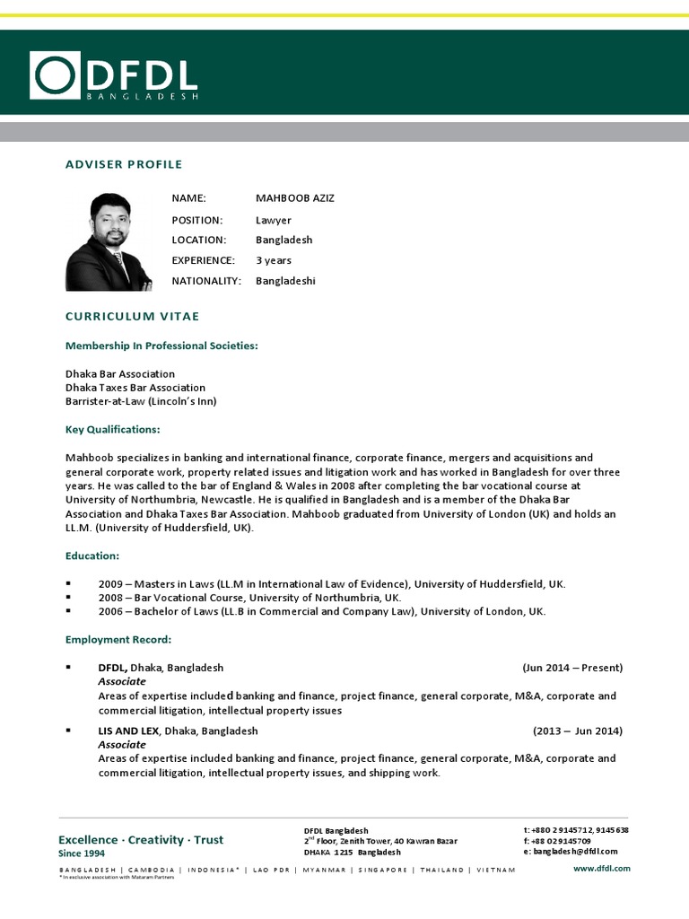 CV DFDL Mahboob Aziz 260614 1 | PDF | Bangladesh | Barrister