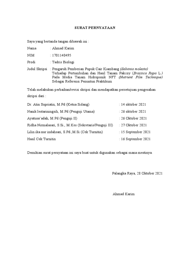 Surat Pernyataan Telah Perbaikan Skripsi | PDF